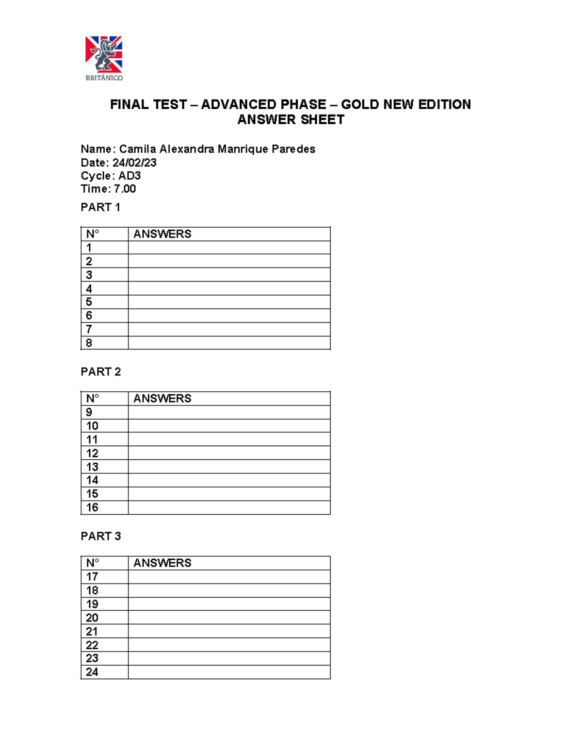 Final TEST AND Reading TASK - Answer Sheet - educacion - FINAL TEST ...