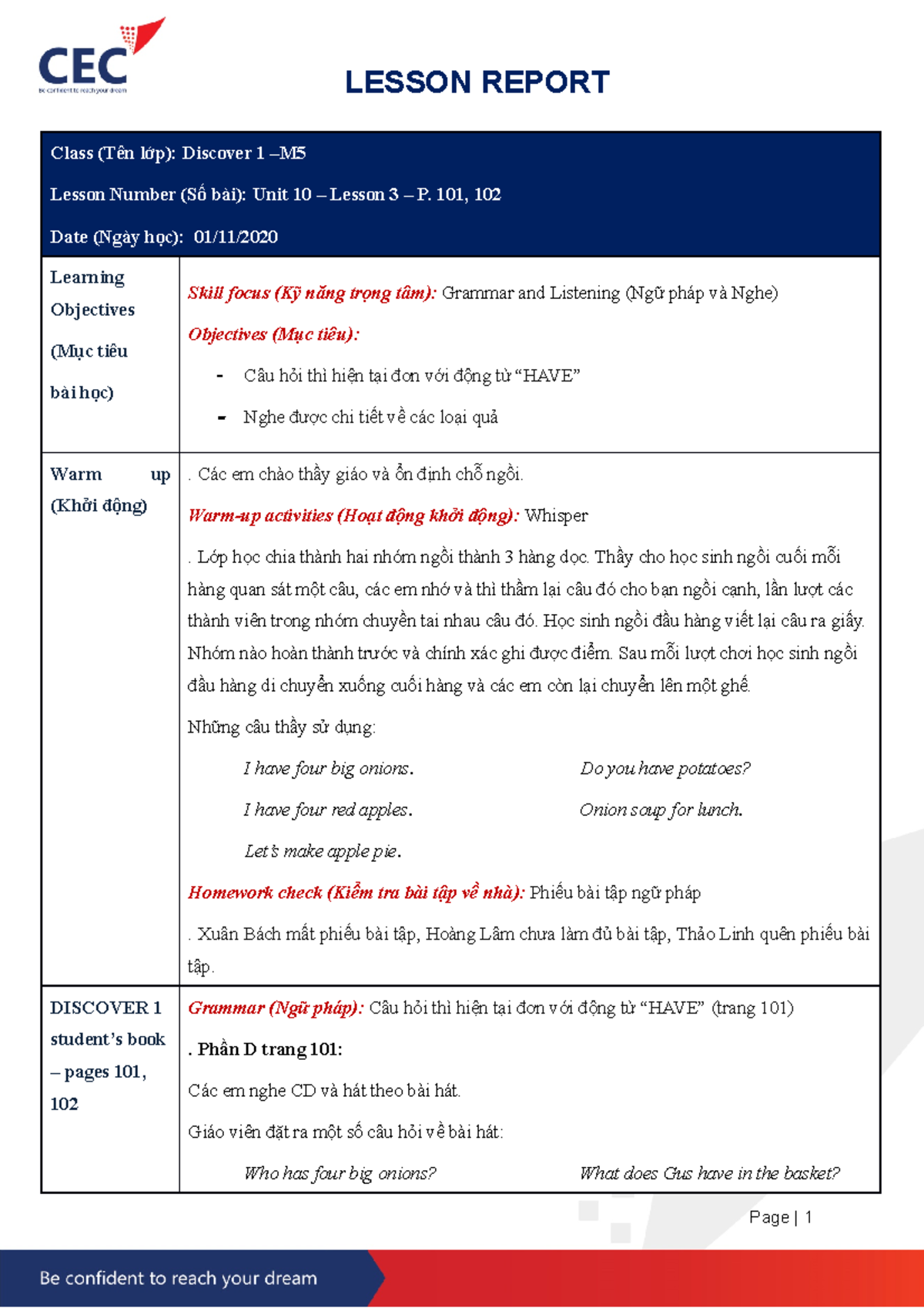 Lesson Report Discover 1-M5 01-11-2020 - Class (Tên lớp): Discover 1 –M ...