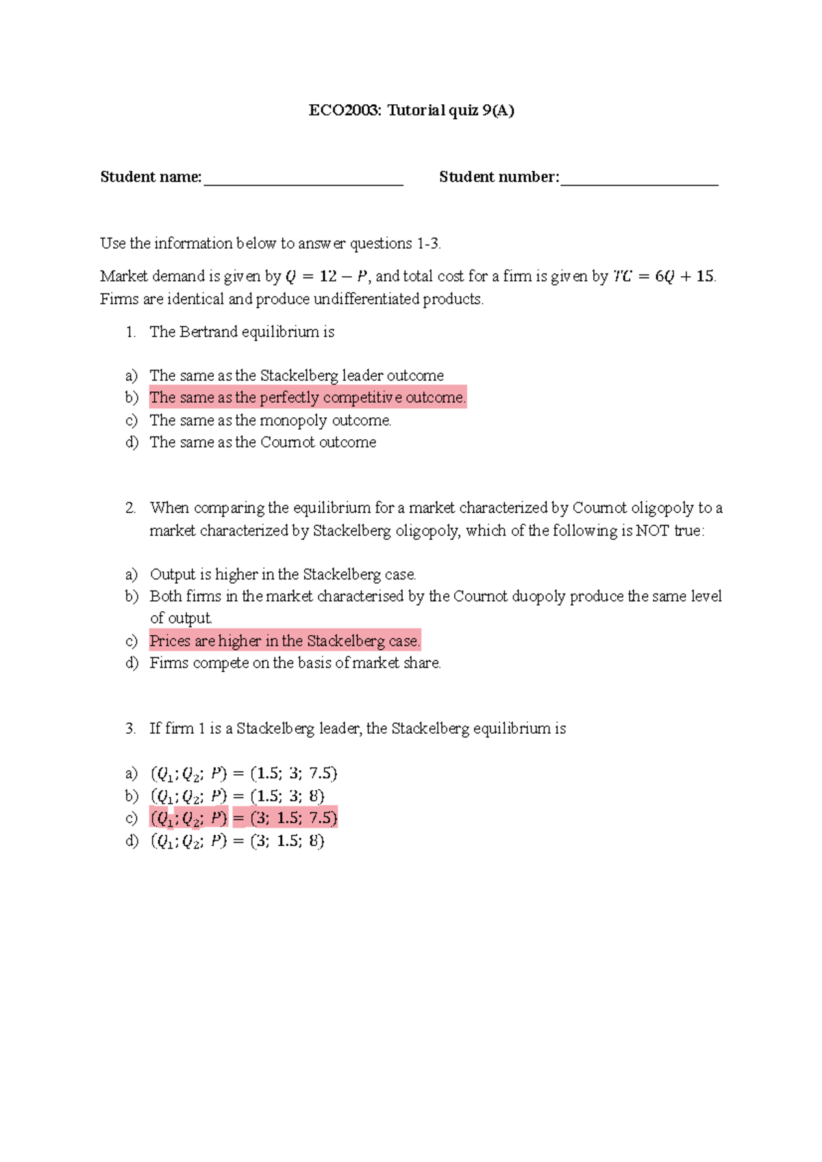 Quiz 9 2024 Memo - tutorial quiz solution - ECO2003: Tutorial quiz 9 (A ...