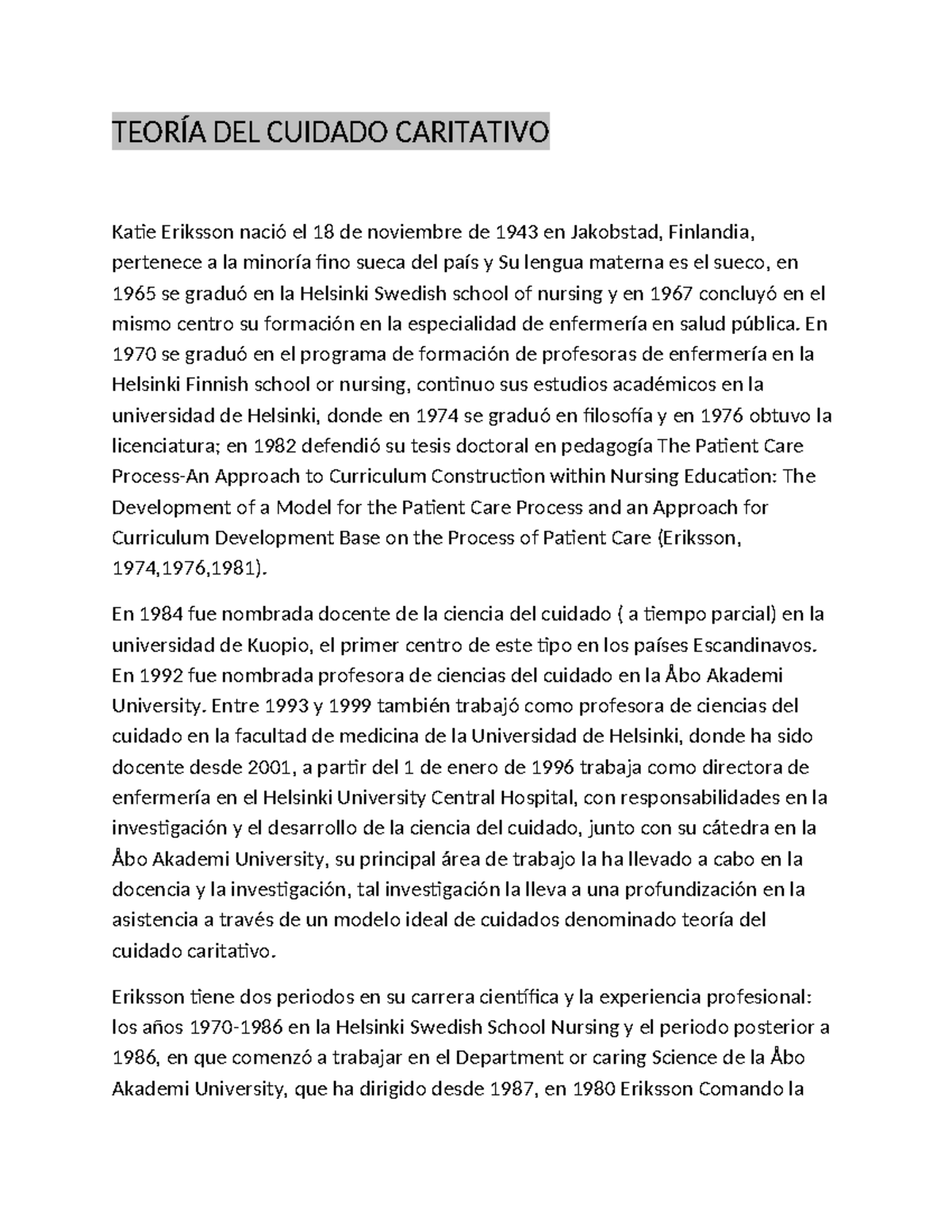 Teoria del cuidado, Miriam Lizbeth - TEORÍA DEL CUIDADO CARITATIVO ...