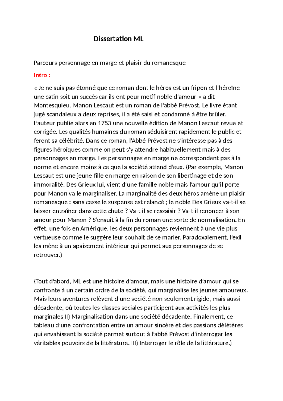 info dissert Manon Lescaut - Dissertation ML Parcours personnage en marge et plaisir du ...