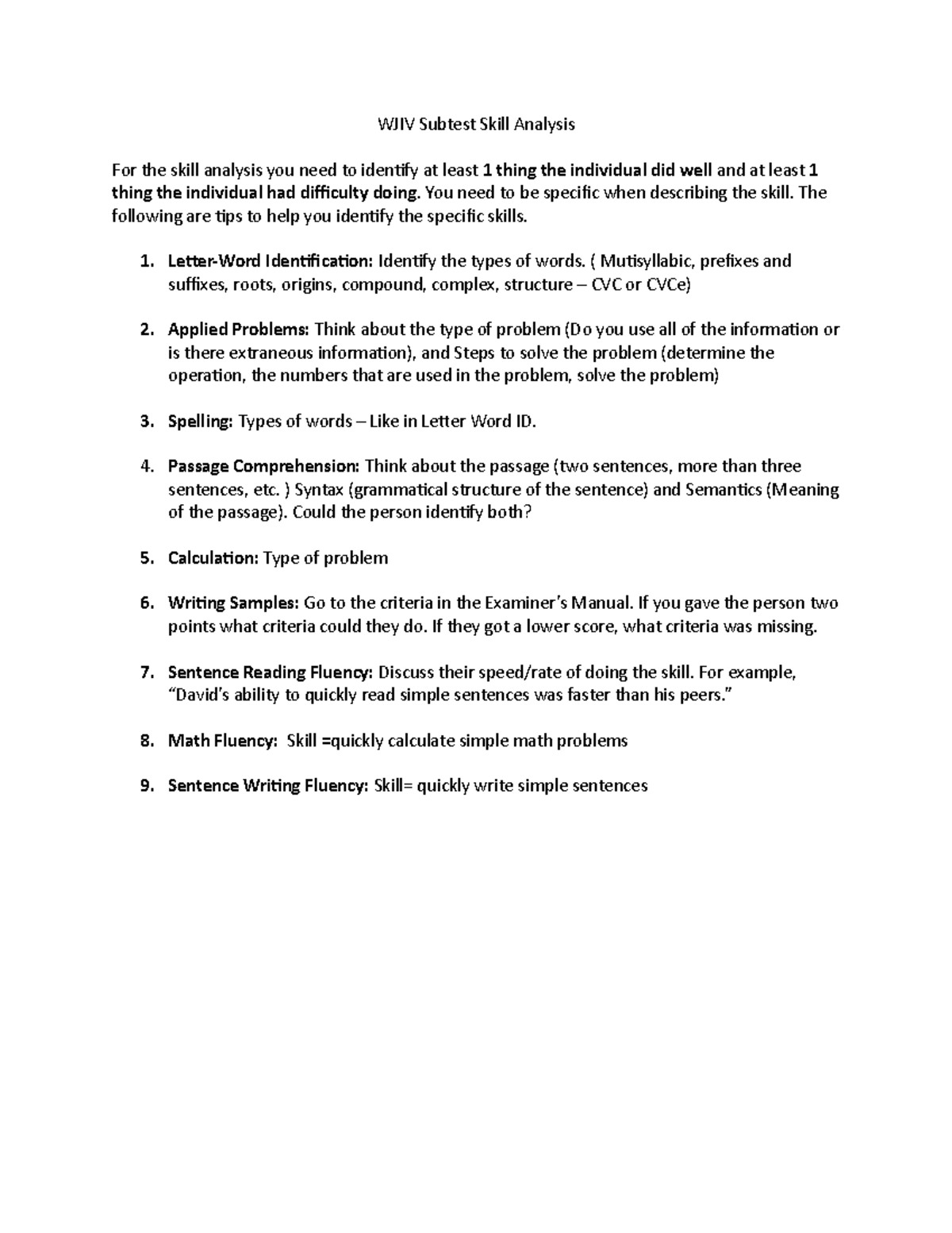 WJIV Subtest Skill Analysis - You need to be specific when describing ...