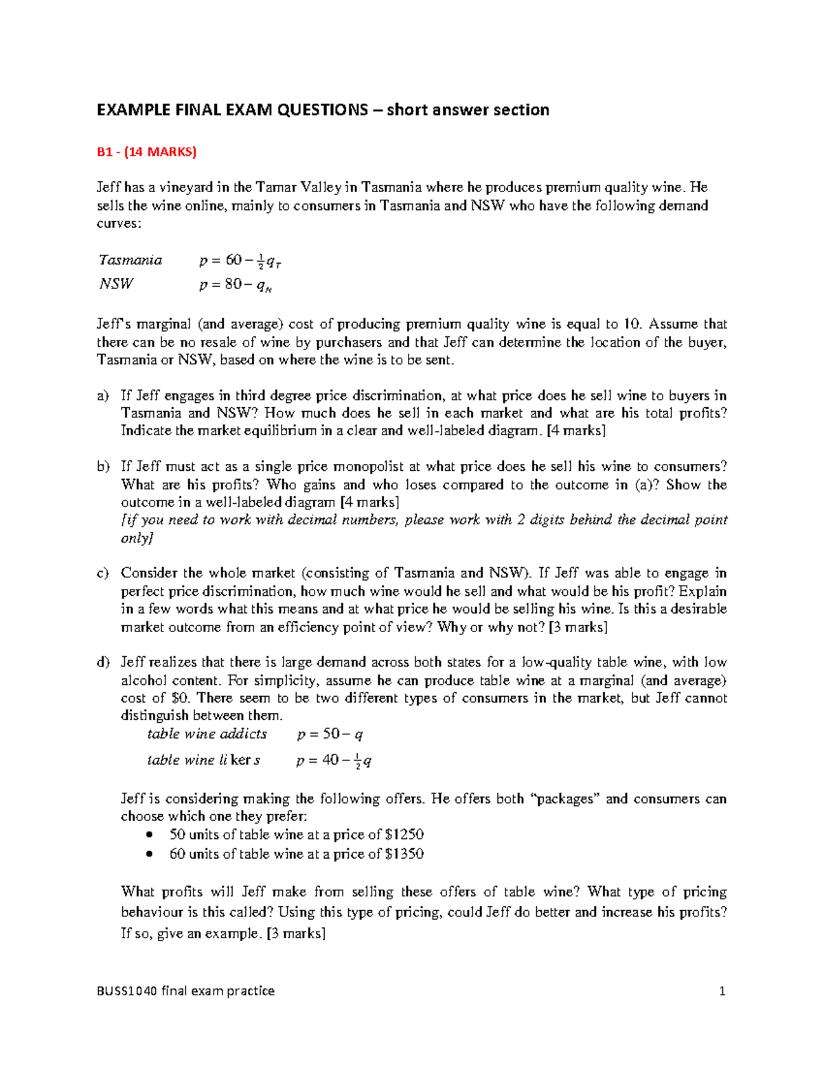 BUSS1040 Practice Final Exam 2 - EXAMPLE FINAL EXAM QUESTIONS – short ...