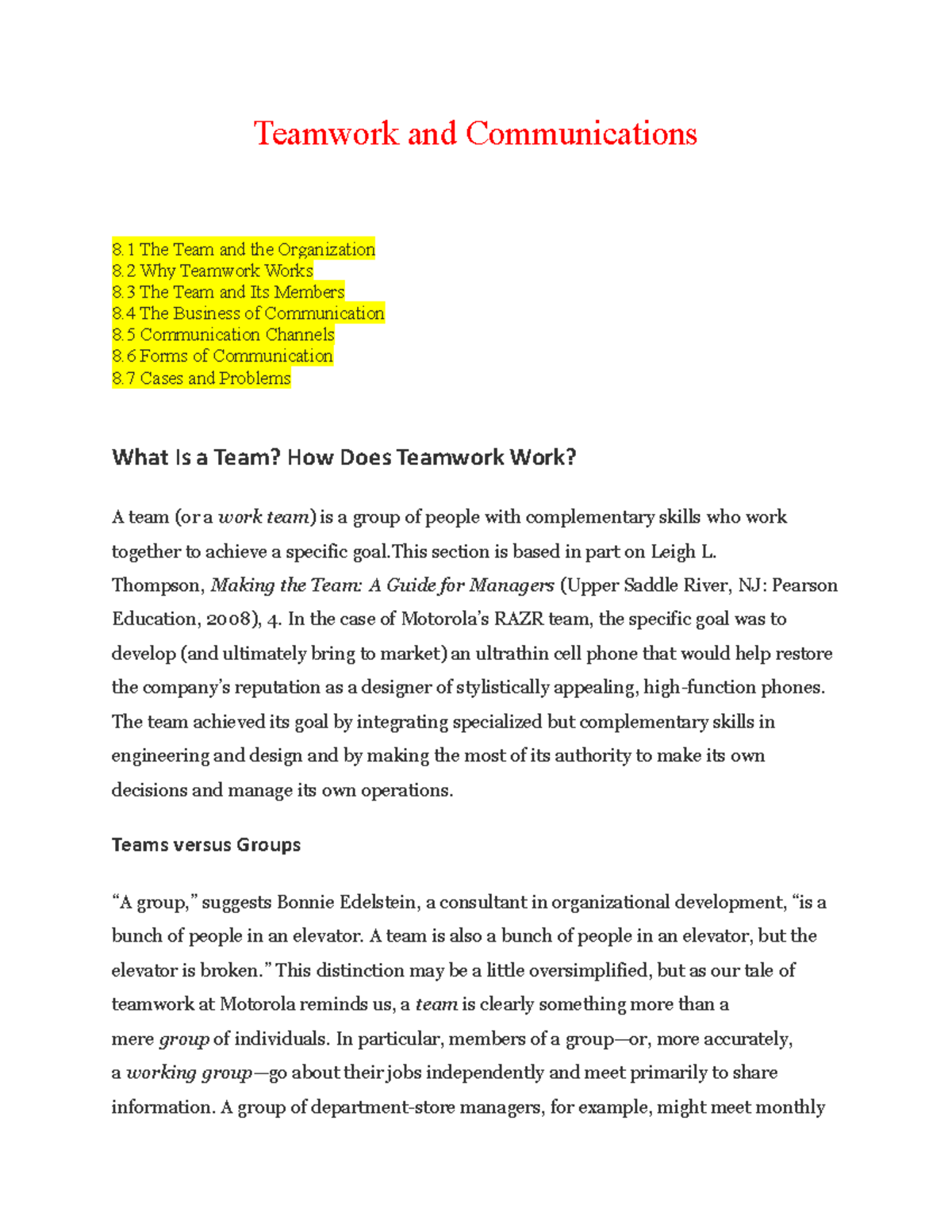 Teamwork and Communications - Thompson, Making the Team: A Guide for ...