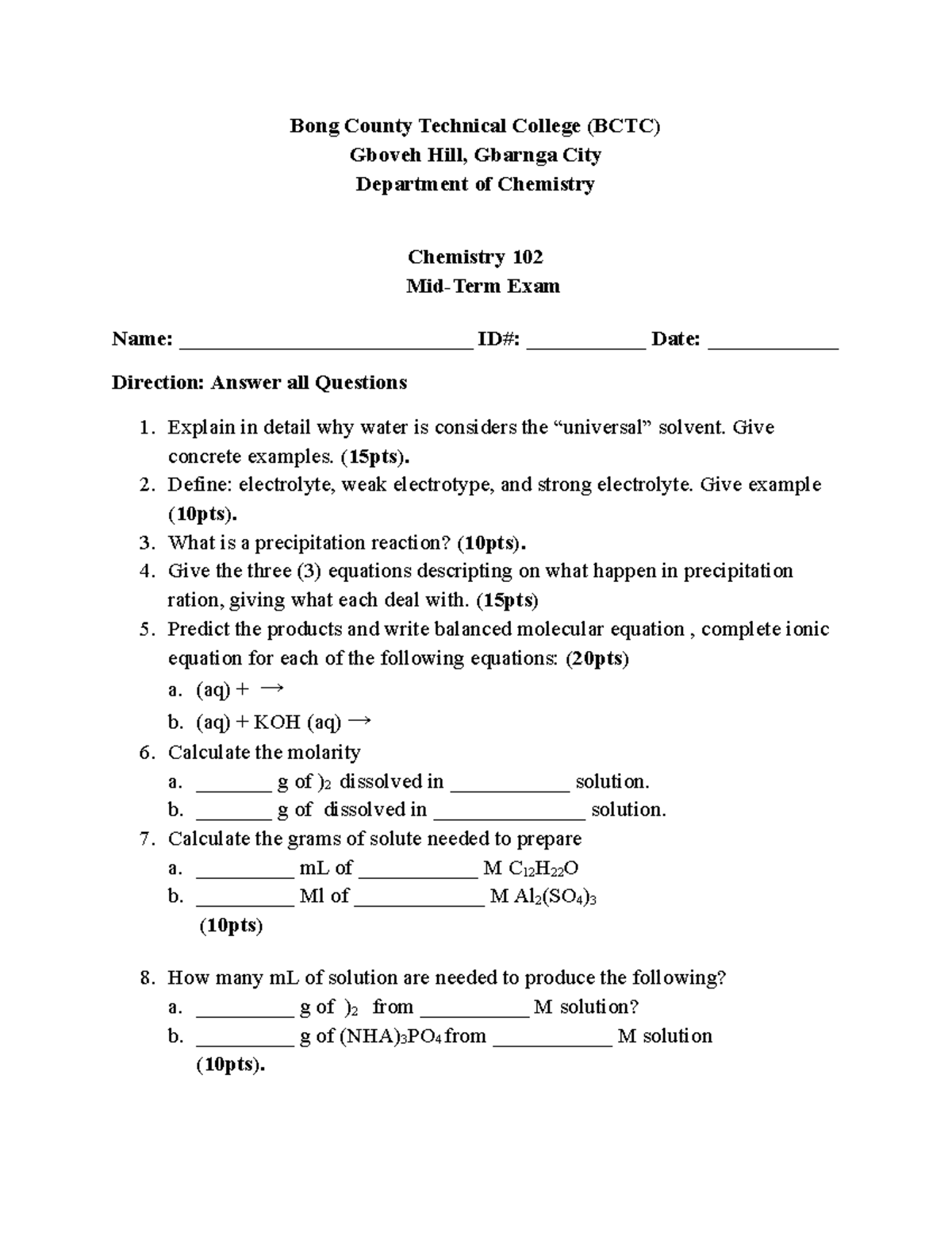 B C T C Chemistry 102 Midterm - Bong County Technical College (BCTC ...