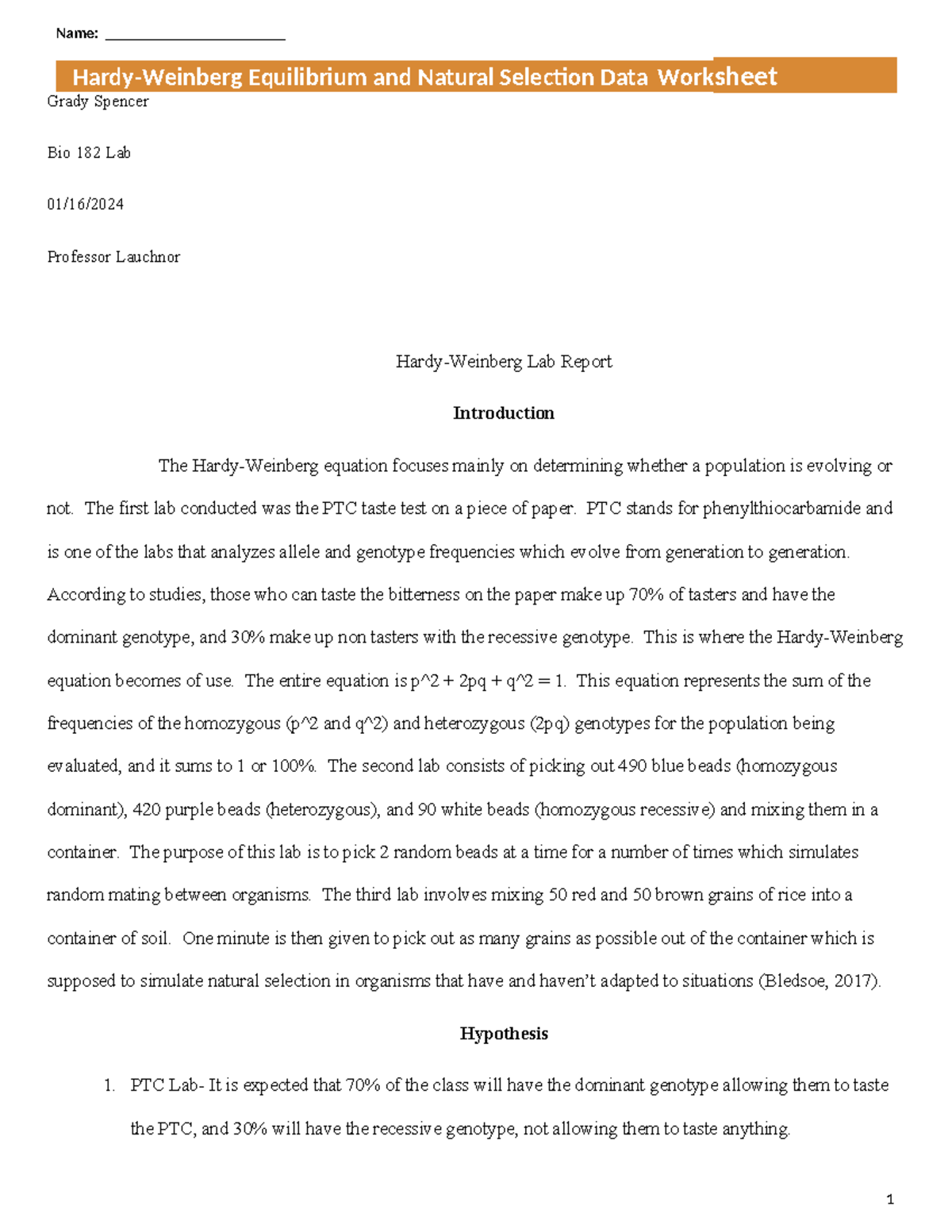 Gspencer Hardy-Weinberg lab report - Hardy-Weinberg Equilibrium and ...