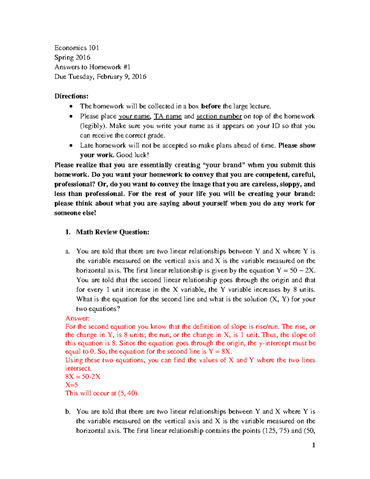 Answerstohomework 1spring 2016 - Economics 101 Spring 2016 Answers to ...