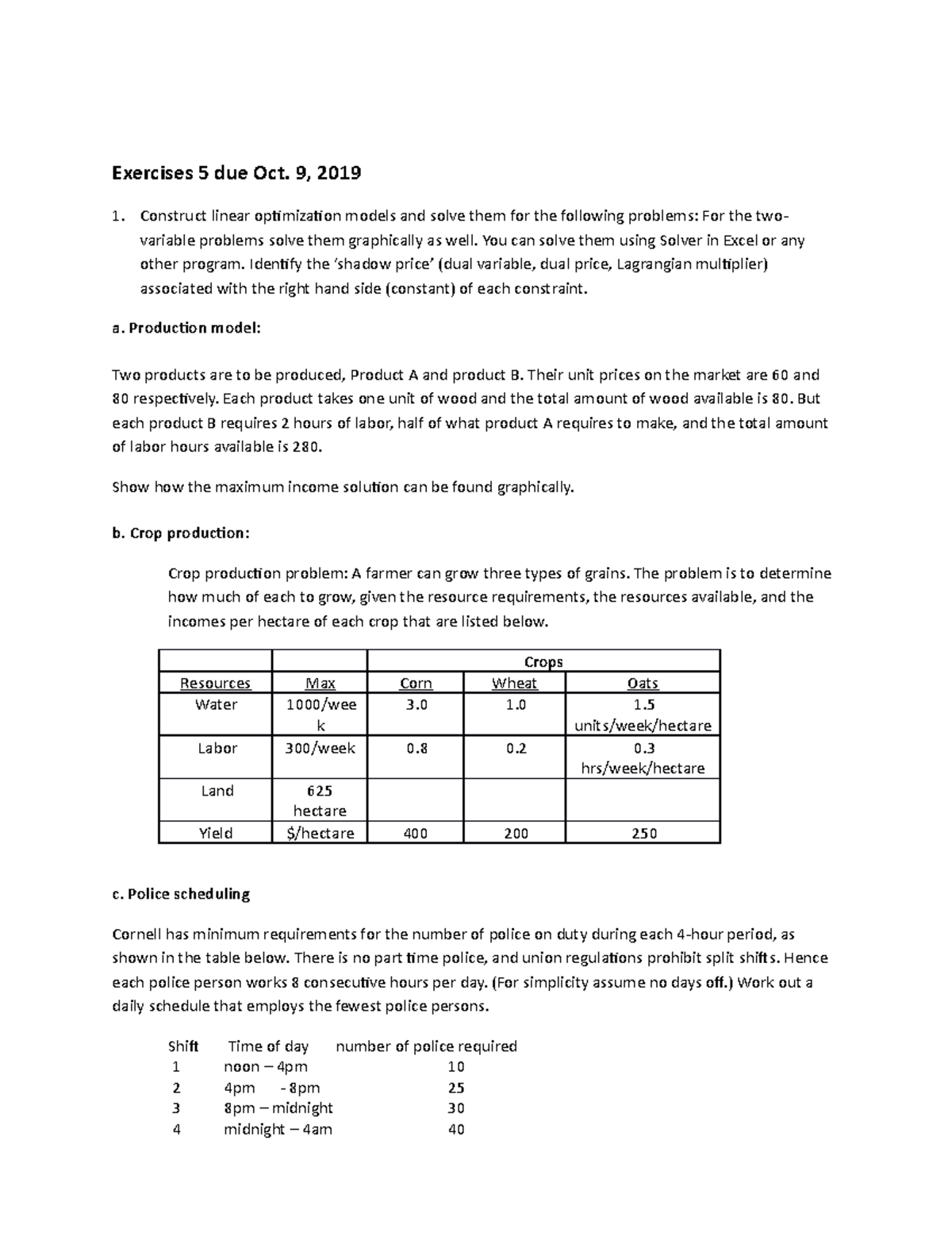 PADM 5320 Exercises 5 - Exercises 5 due Oct. 9, 2019 Construct linear optimization models and ...