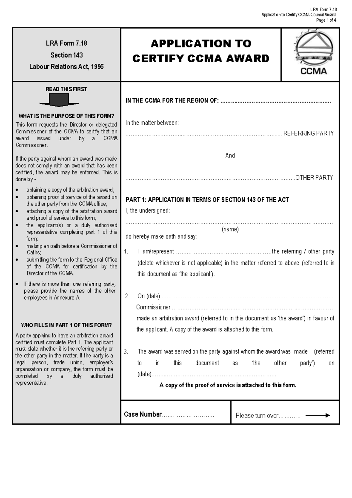 LRA-Form-7 - LABOUR LAW - Application to Certify CCMA Council Award ...