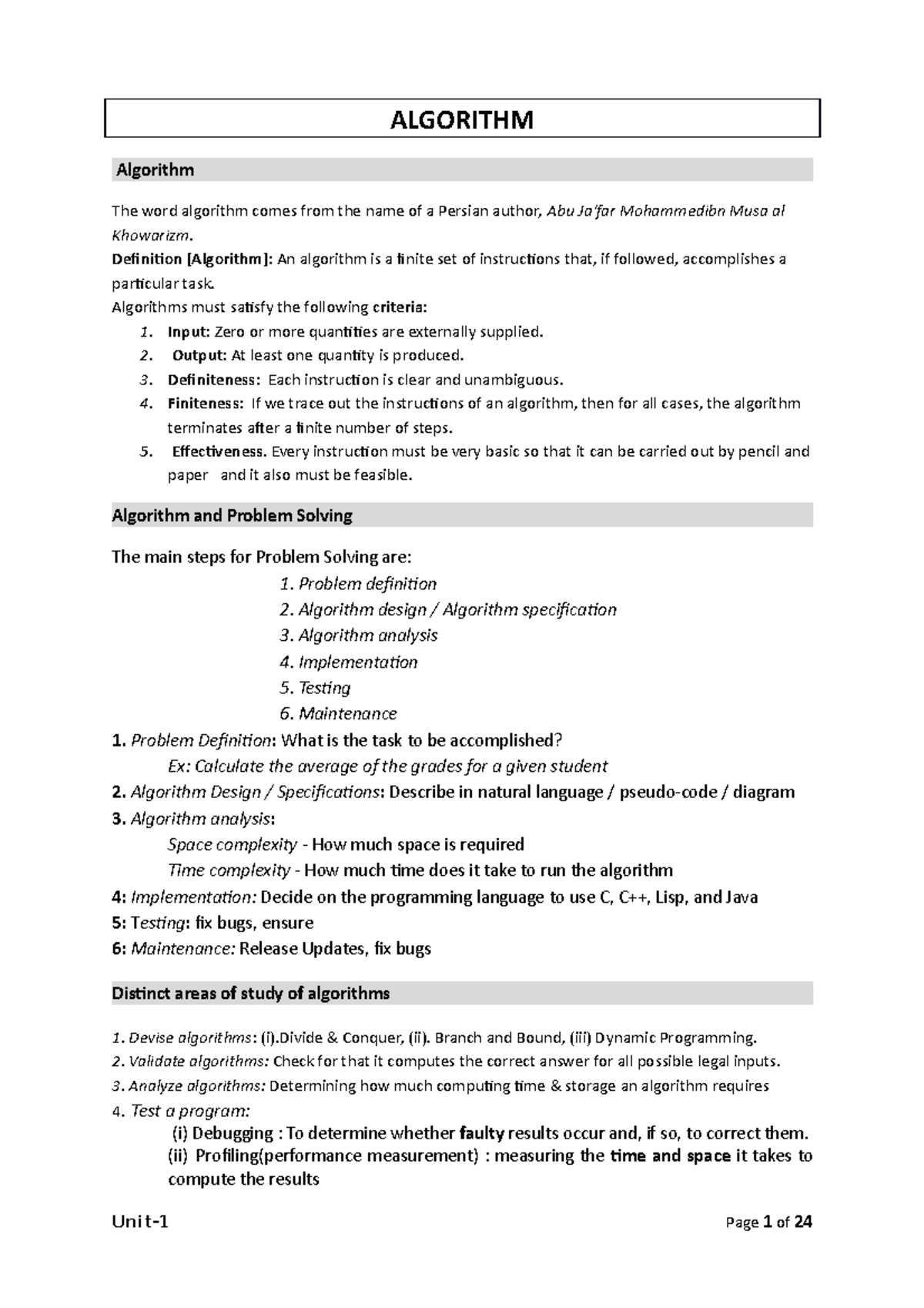 Unit 1 Algorithm Algorithm The Word Algorithm Comes From The Name Of A Persian Author Abu Ja