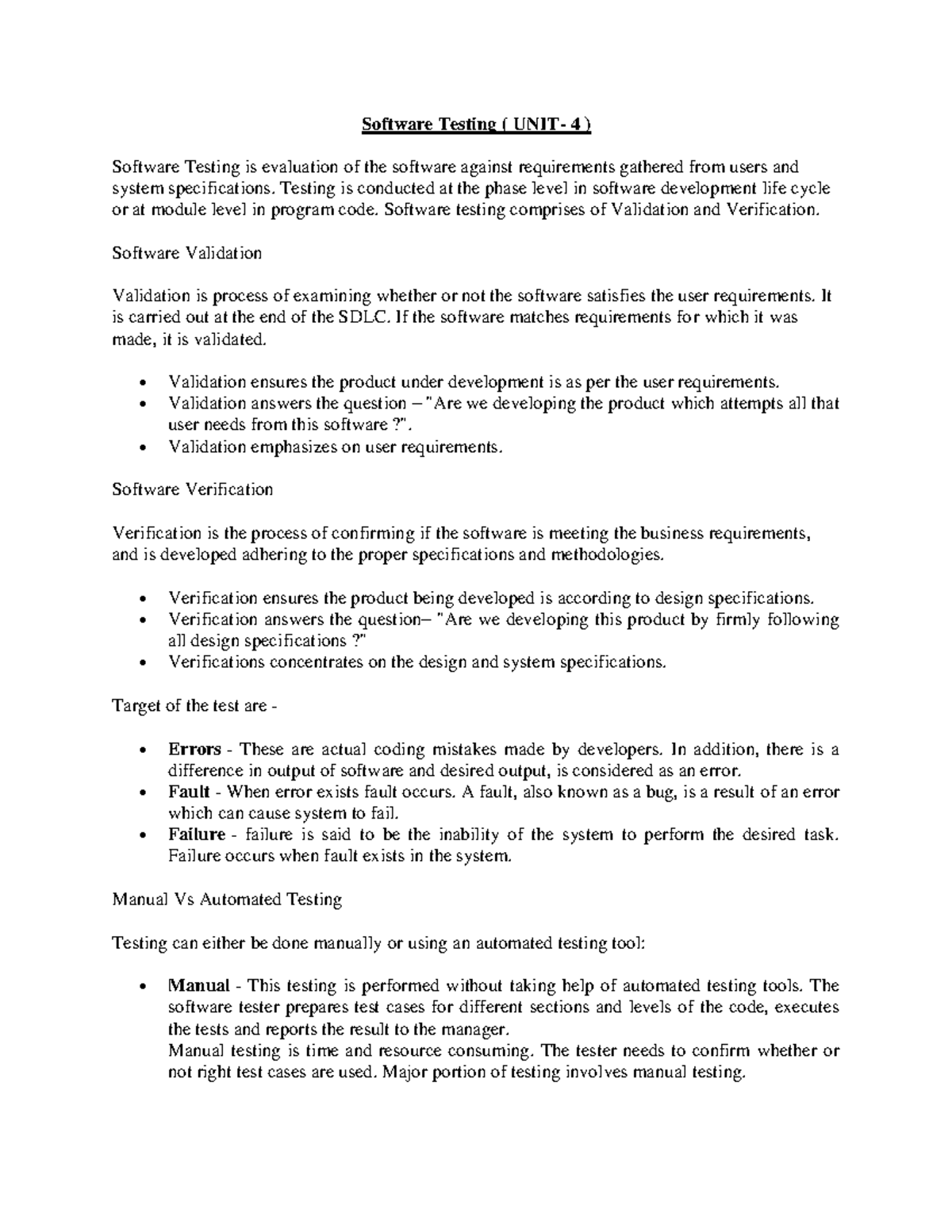 Seunit 4 Lecture Notes Software Testing Unit 4 Software Testing Is Evaluation Of The