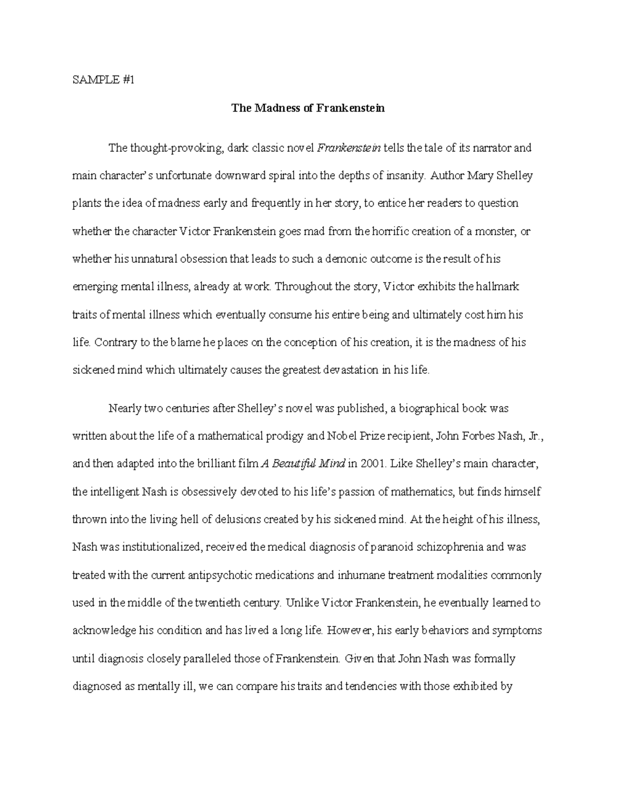 Frankenstein Sample 1 - SAMPLE The Madness of Frankenstein The thought ...