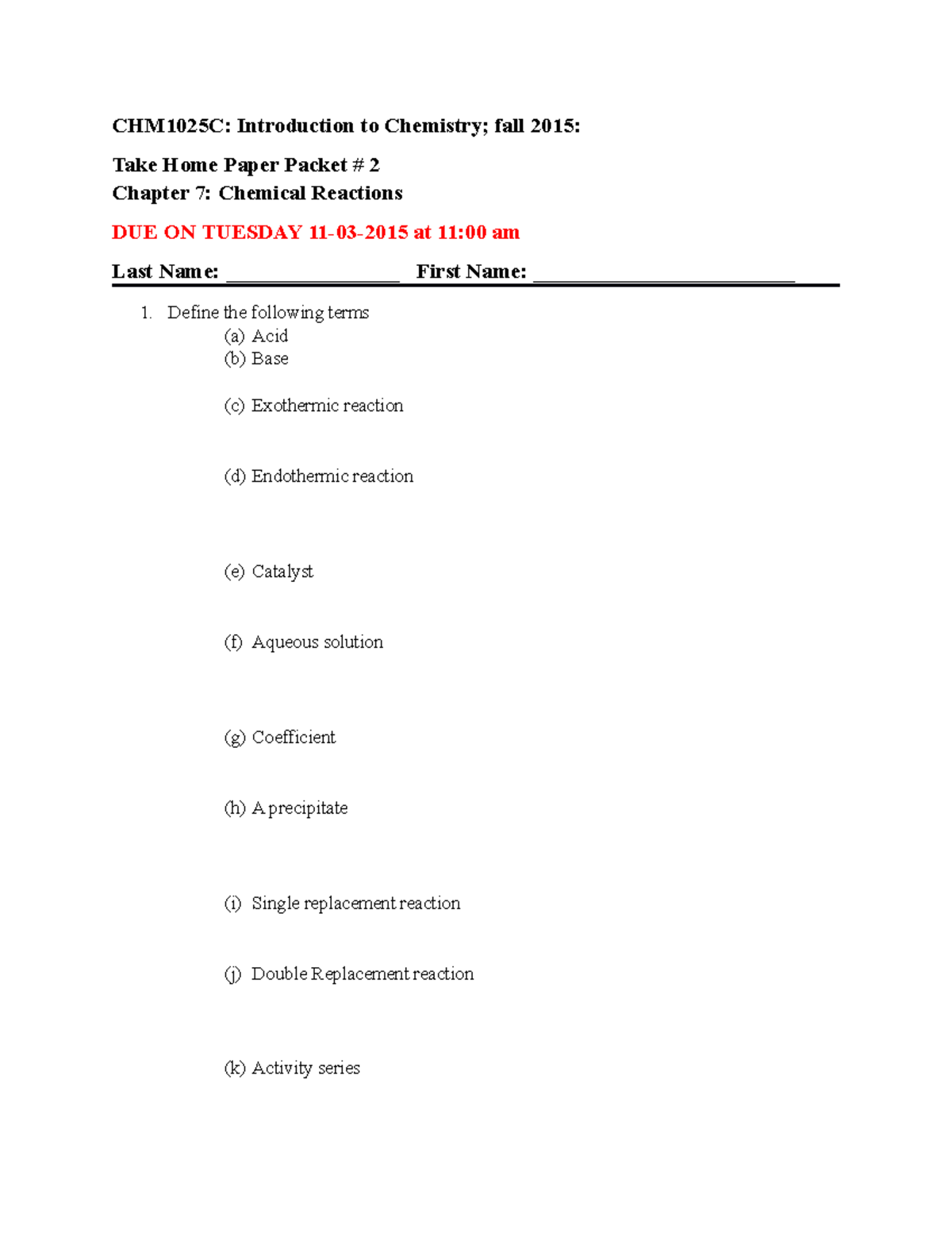CHM1025C-Take Home Paper Packet # 2 - CHM1025C: Introduction to ...
