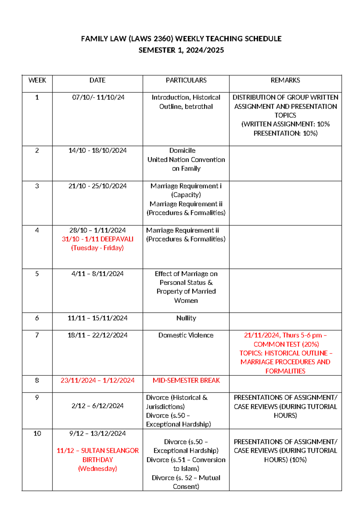 Teaching Schedule LAWS 2360 Sem 1 20242025 - FAMILY LAW (LAWS 2360 ...