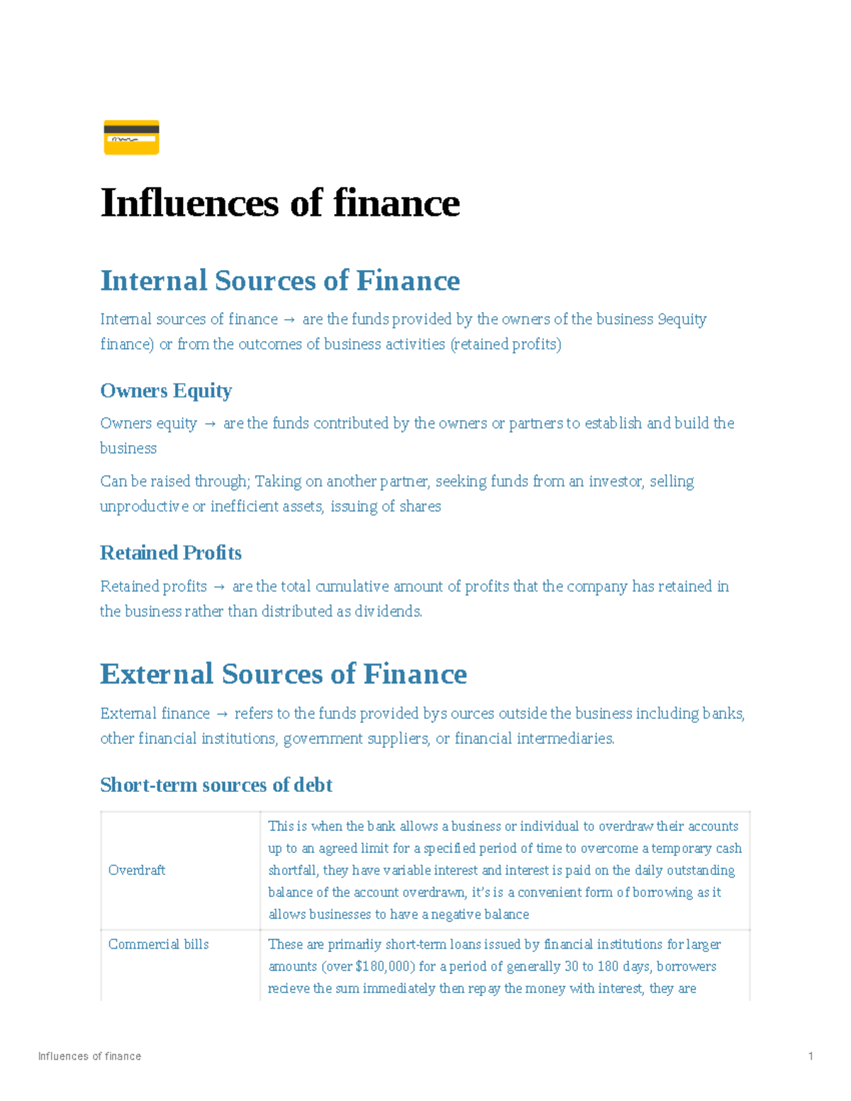 Influences of finance - Summary notes - 💳 Influences of finance ...