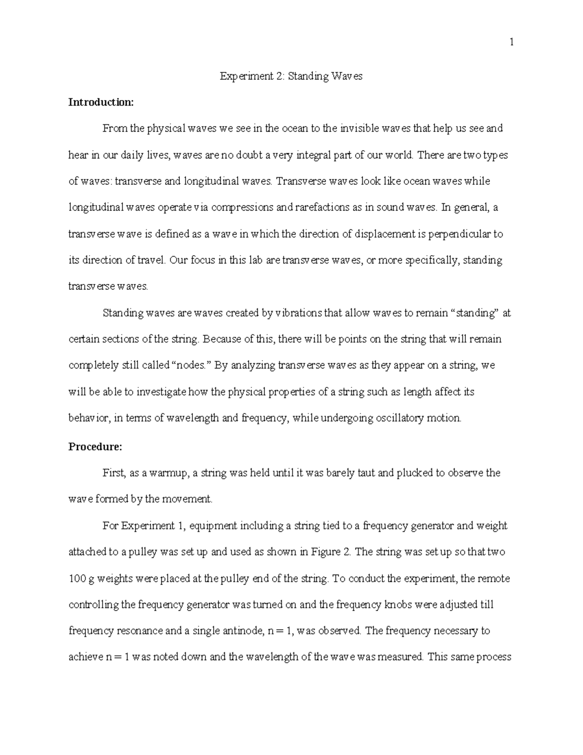 Lab Report 2 - Standing Waves - Experiment 2: Standing Waves ...