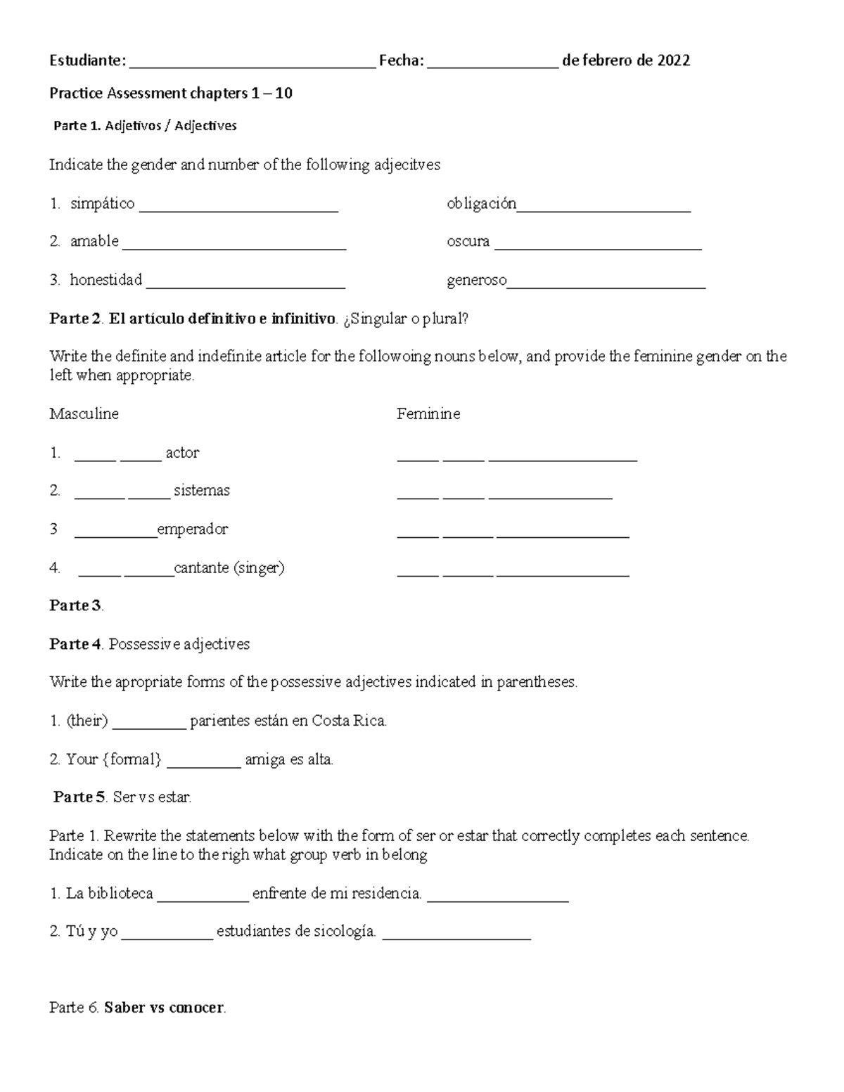 Spanish 201 Practice Review Chapters 1 - 10 - Estudiante ...