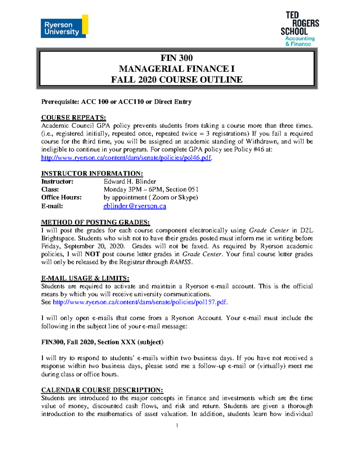 FIN 300 - Fall2020 Course Outline - FIN 300 MANAGERIAL FINANCE I FALL ...