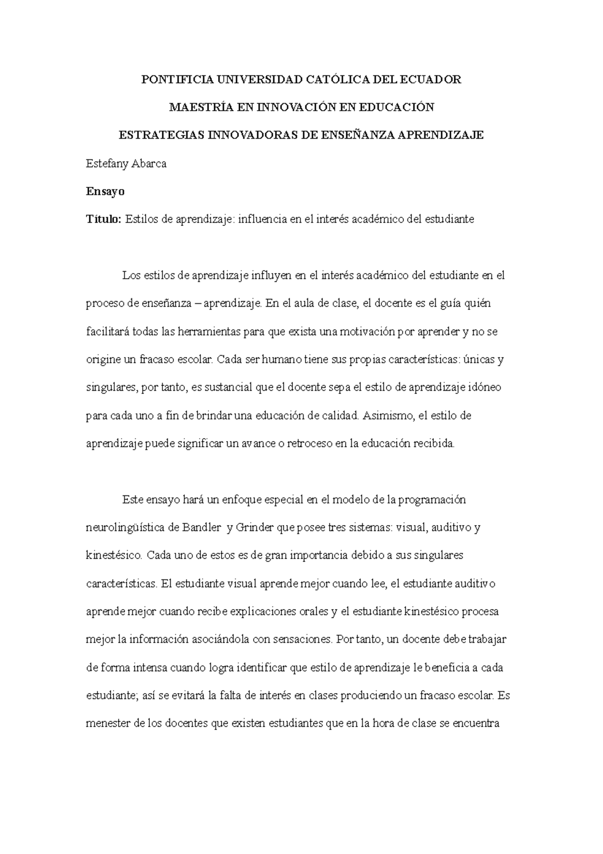 Ensayo - EIEA - TRABAJO REALIZADO CON FINES ACADÉMICOS - PONTIFICIA ...