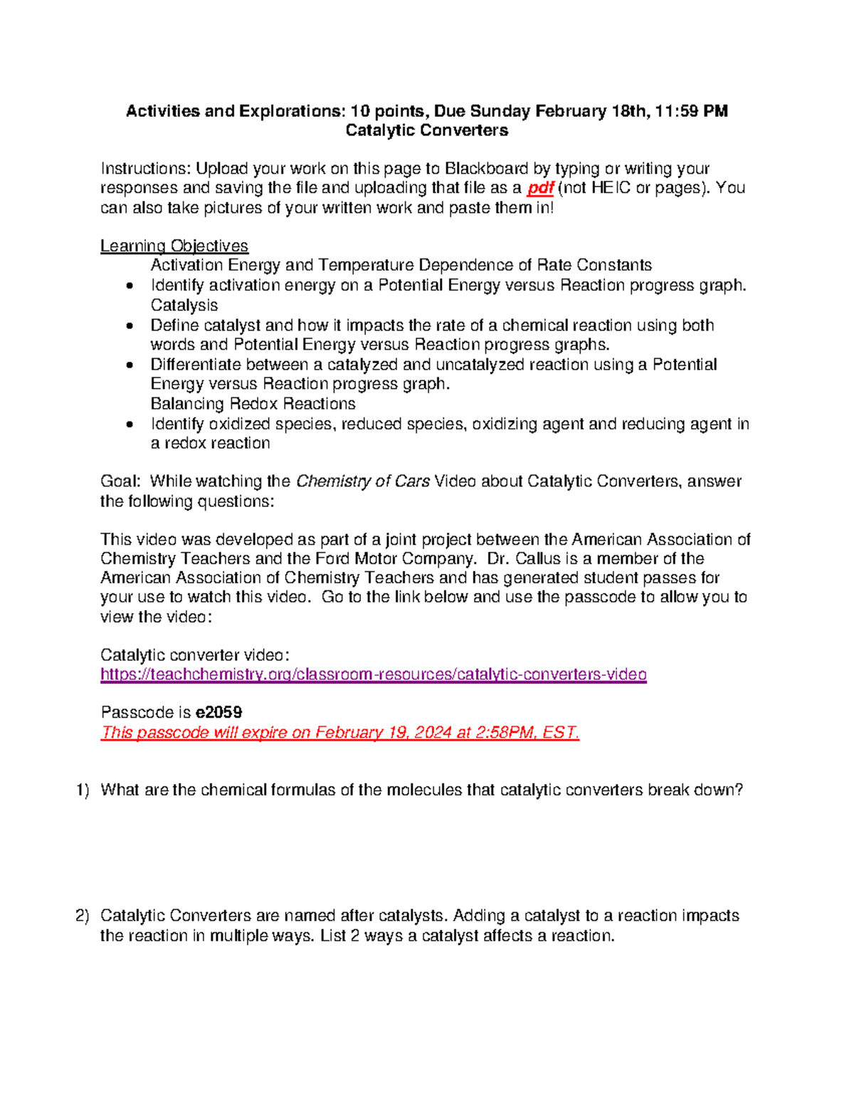 Catalytic Converters.Pass included-2 - Activities and Explorations: 10 ...