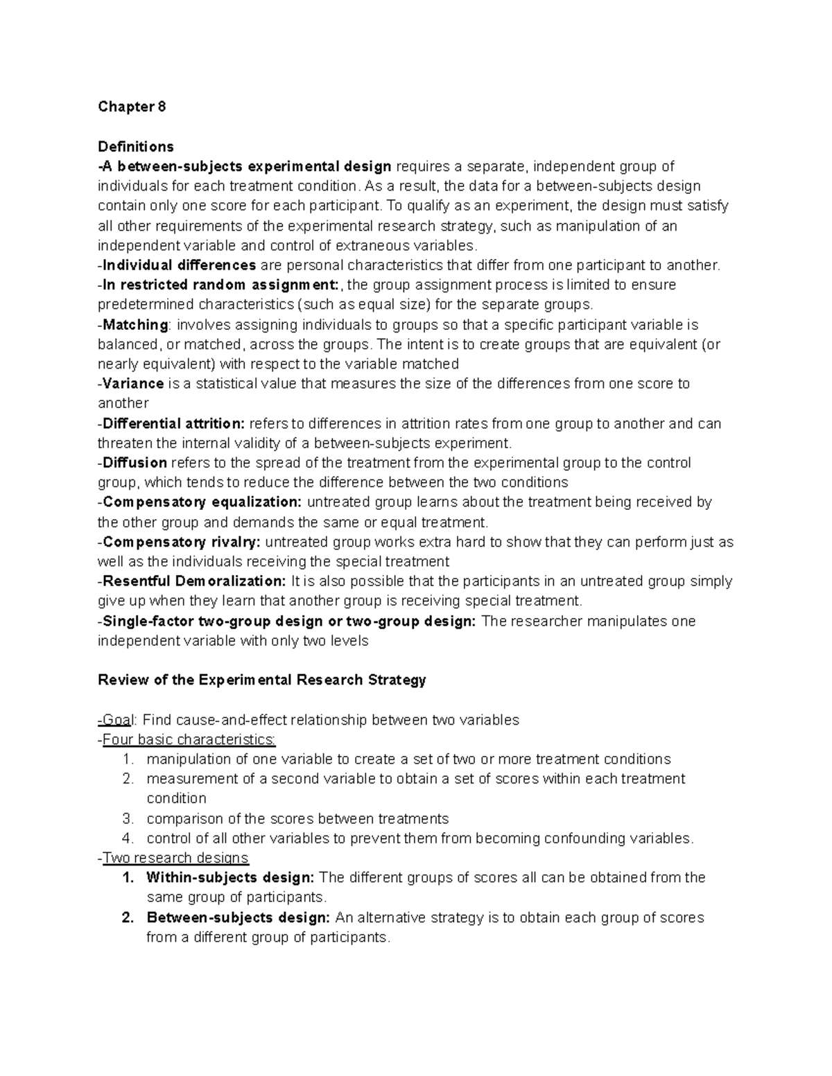 Psyc310 ch8 - notes - Chapter 8 Definitions -A between-subjects ...