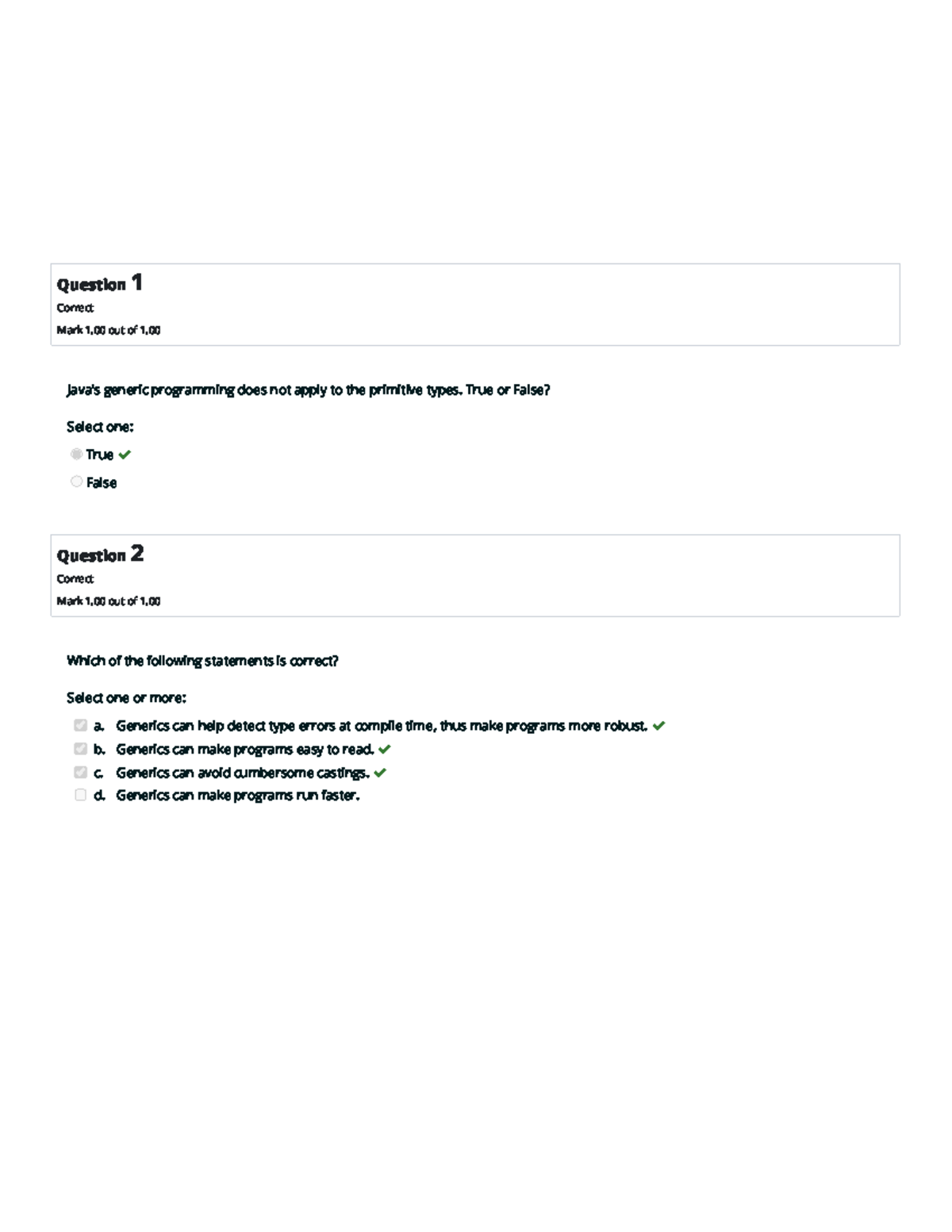 Self Quiz Unit 4 Correct Mark 1 Out Of 1 Question 2 Correct Mark 1 Out Of 1 Javas Generic