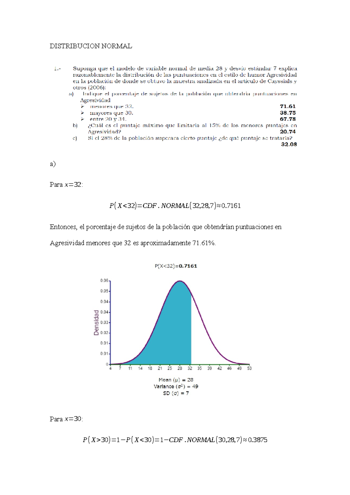 Distribucion Normal - DISTRIBUCION NORMAL a) Para x= 32 : P( X