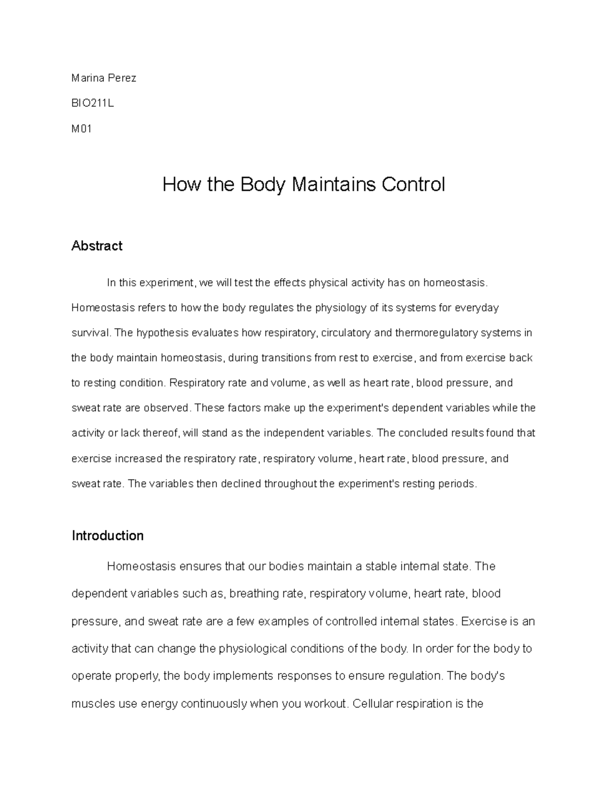 Homeostasis lab - Marina Perez BIO211L M How the Body Maintains Control ...