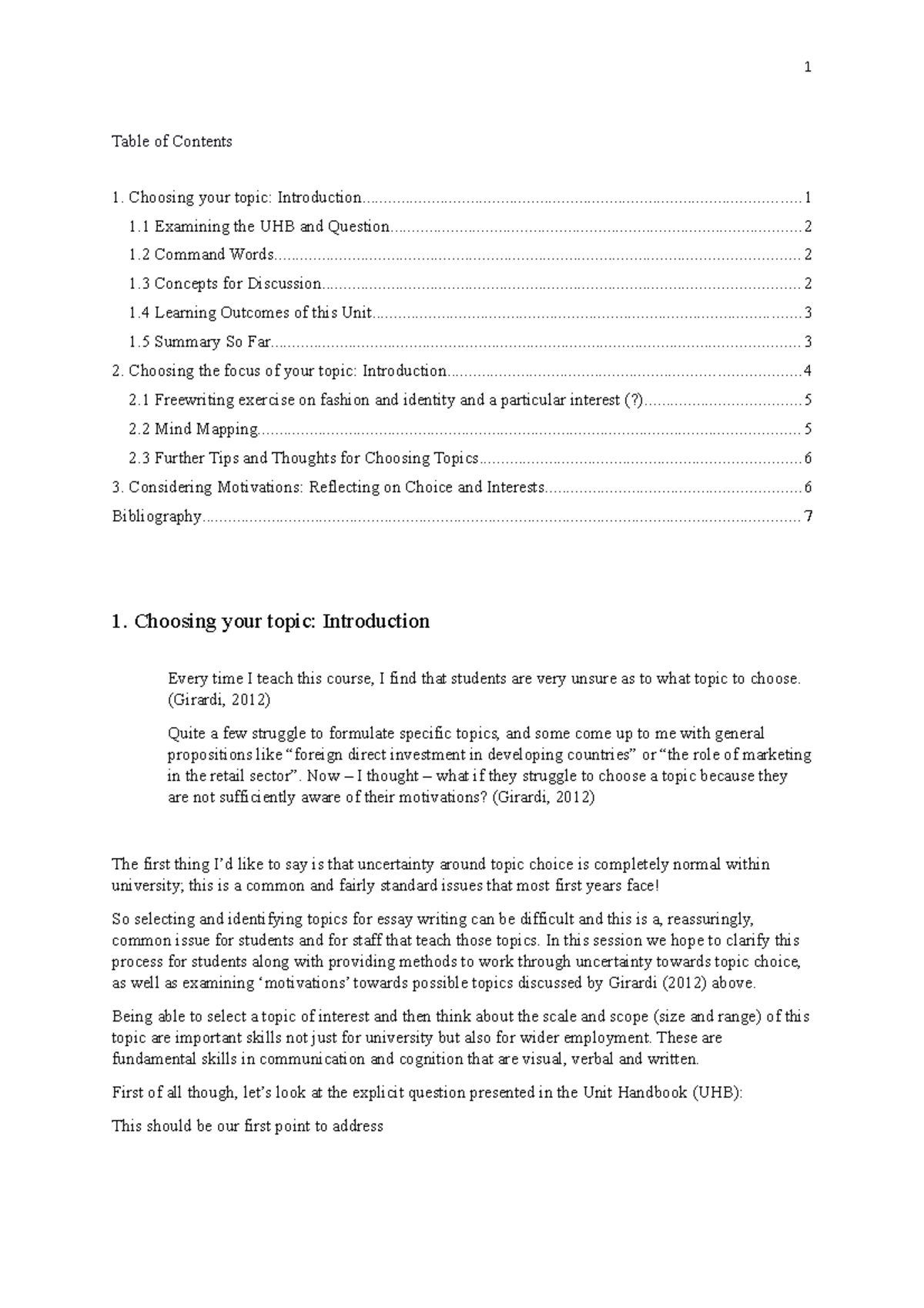 1. Identifying a topic Script - Table of Contents Choosing your topic ...