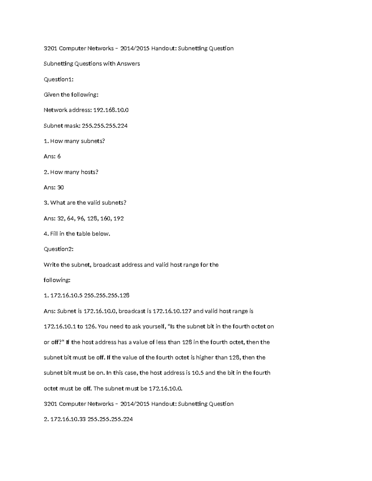 3201 Computer Networks - 3201 Computer Networks – 2014/2015 Handout: Subnetting Question ...