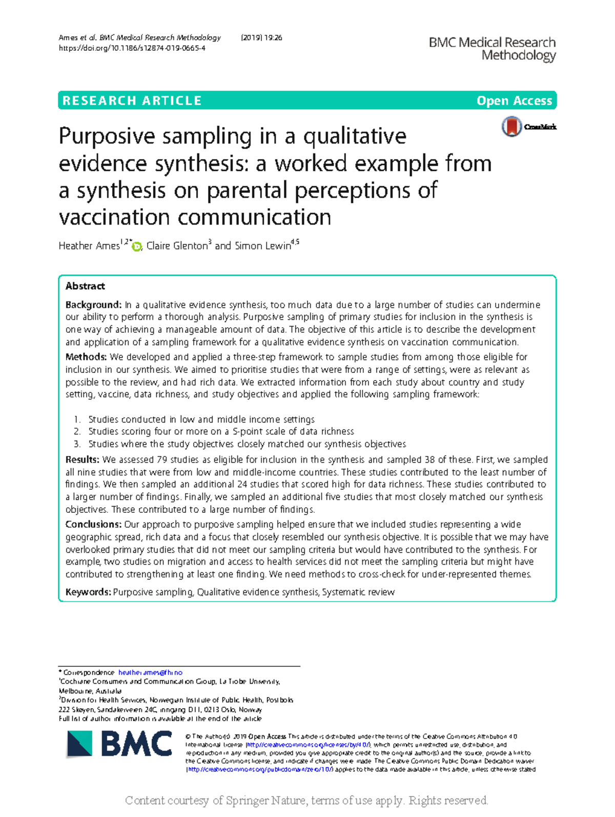 Purposive sampling in a qualitative evidence synth - R E S E A R C H A ...