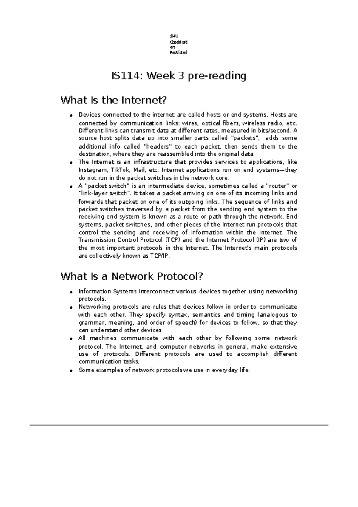 Week3 prereading - Week 3 content - Classificati on: Restricted IS114: Week 3 pre-reading What ...