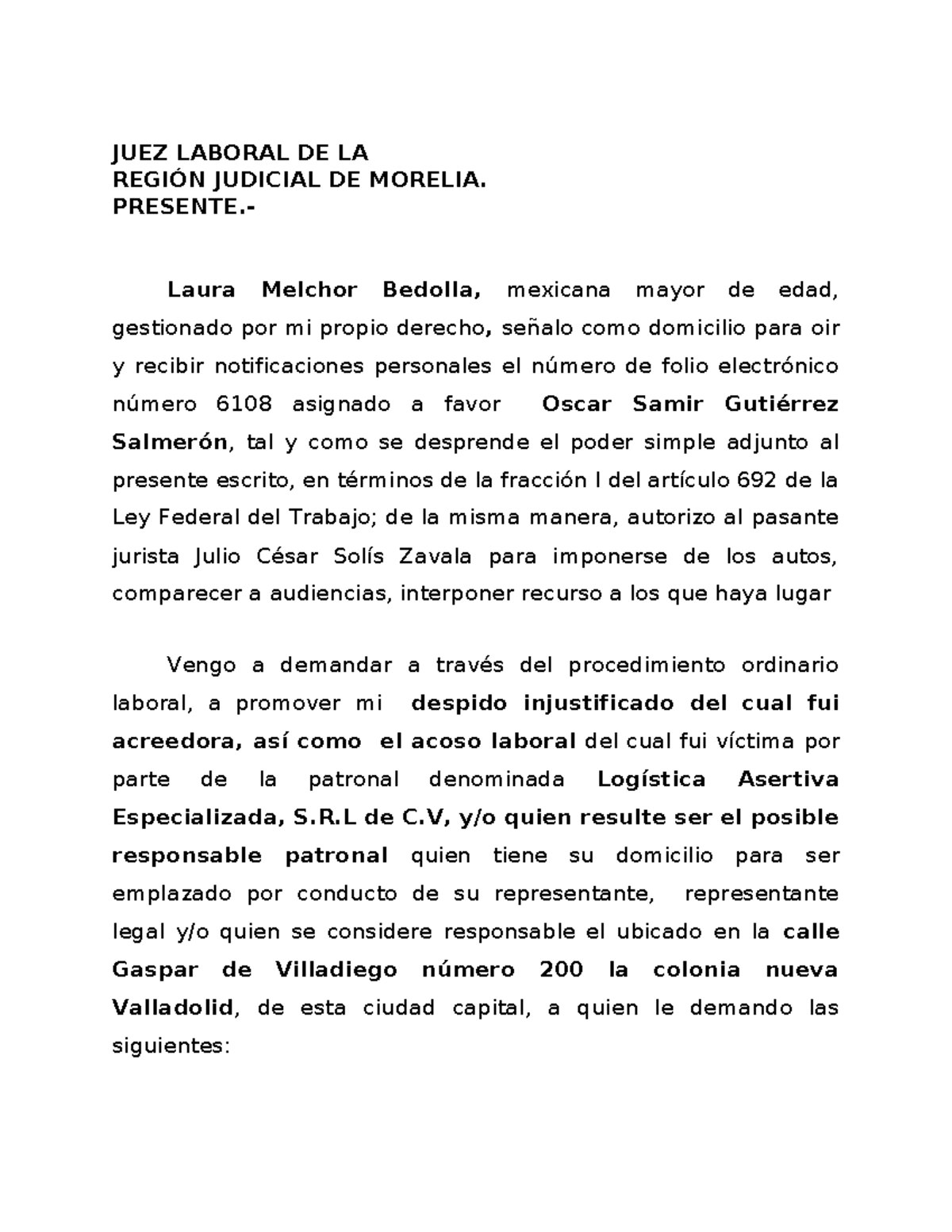 Demanda Laboral - JUEZ LABORAL DE LA REGIÓN JUDICIAL DE MORELIA ...