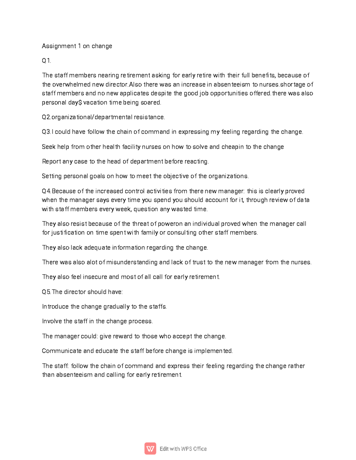 Assignment 1 on-WPS Office - Assignment 1 on change Q1. The staff ...
