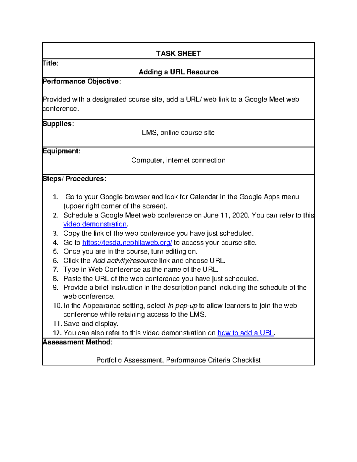 TASK Sheet - URL - templates - TASK SHEET Title: Adding a URL Resource ...