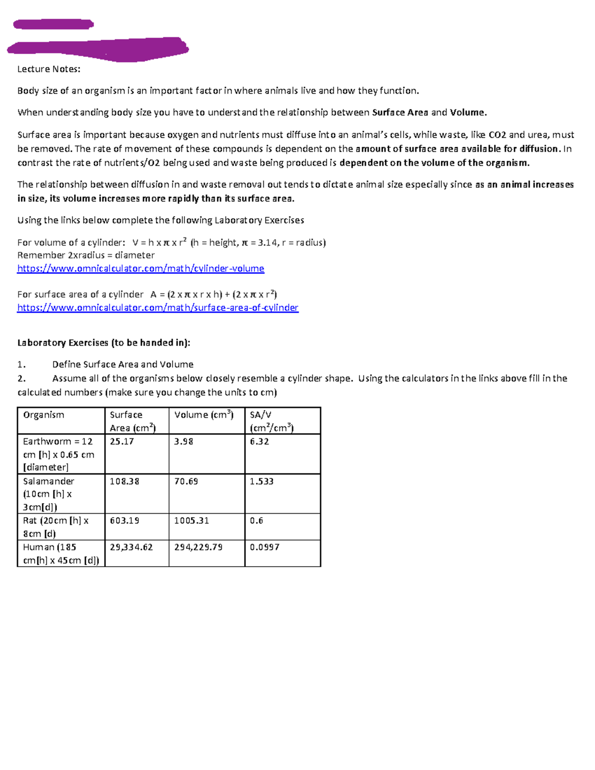 Surface area lab - Julia Kalinowski Bio171 Surface Area and Volume Lab ...