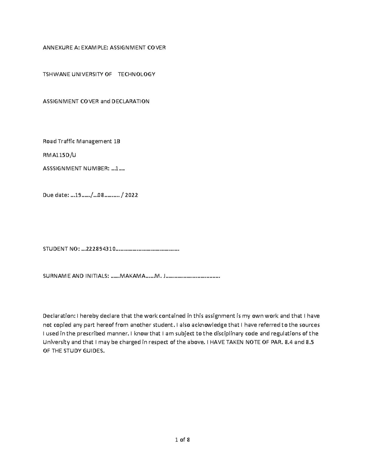 RMB Assignment 1 - ANNEXURE A: EXAMPLE: ASSIGNMENT COVER TSHWANE ...
