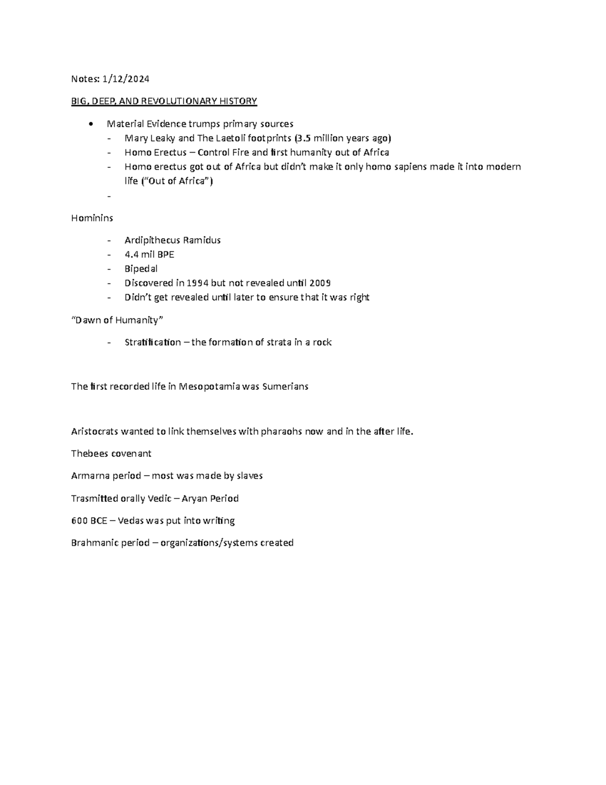 History Of Civilization Notes - Notes: 1/12/ BIG, DEEP, AND ...