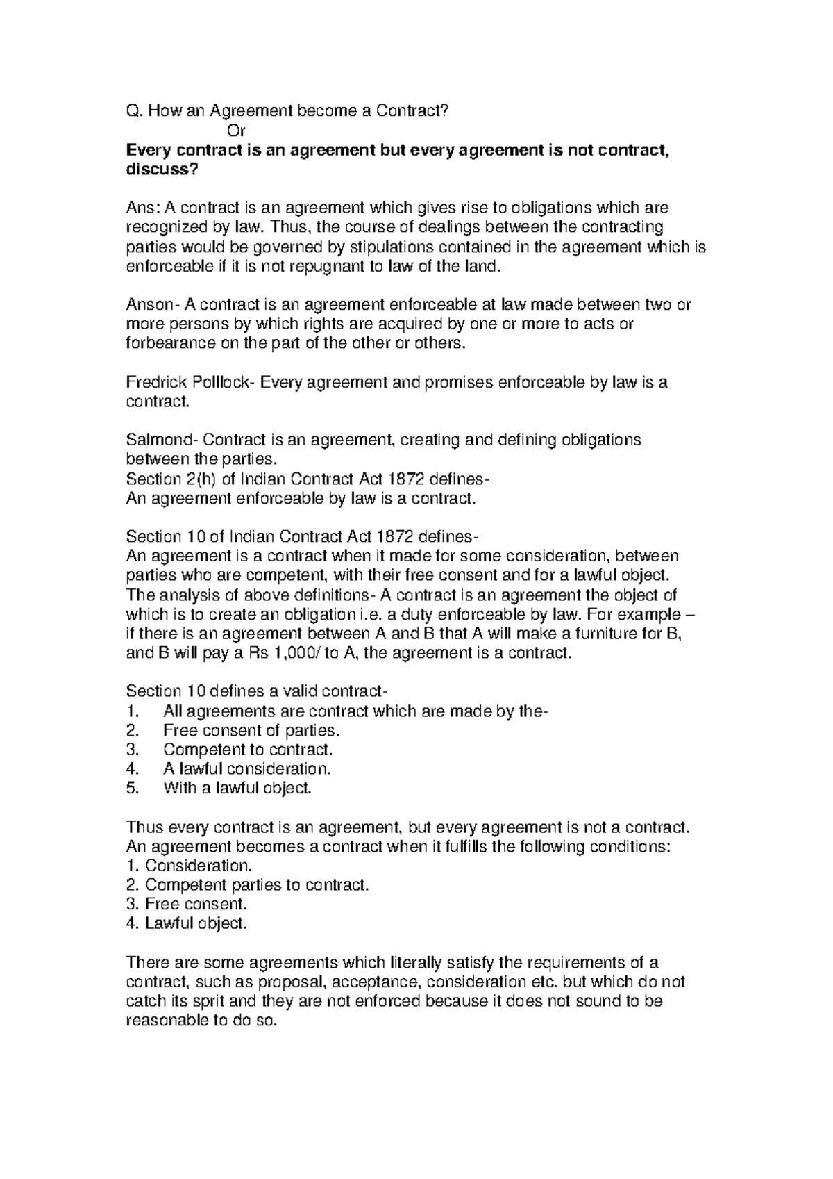 Imp-Questions-Contract - Q. How an Agreement become a Contract? Or ...