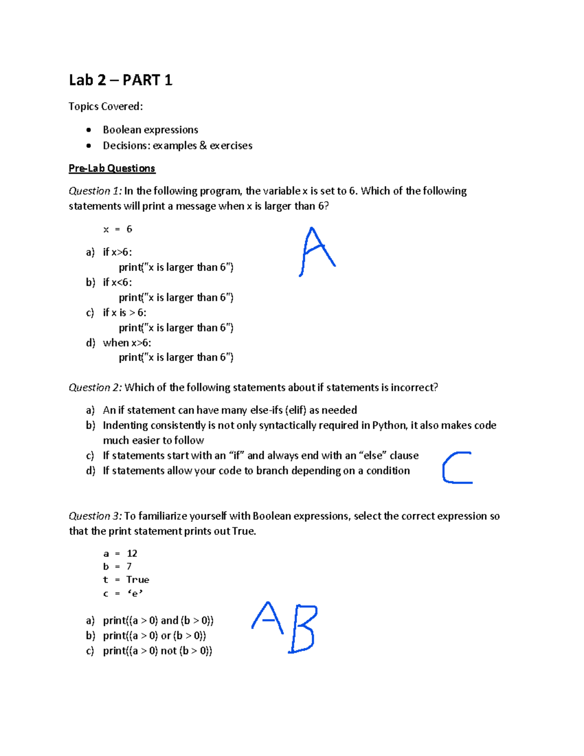 Lab 2 Lab Requirement Lab 2 Part 1 Topics Covered Boolean Expressions Decisions Examples