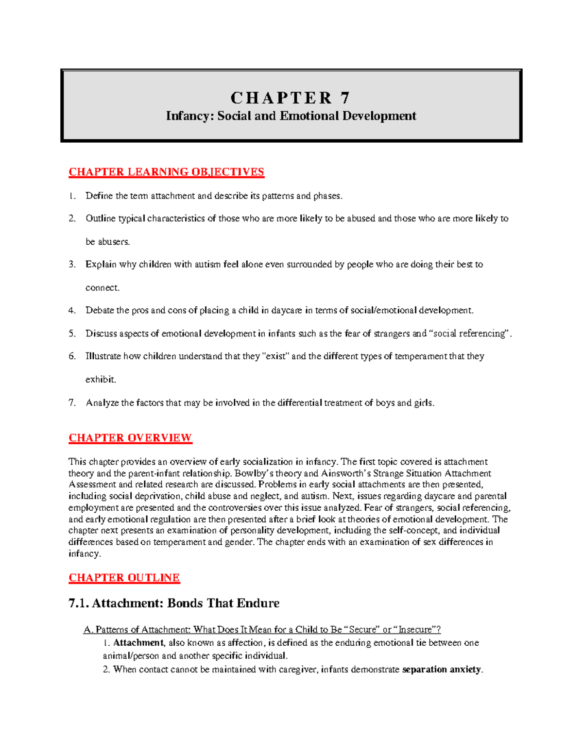Chapter 7 Overview and Outline - CHAPTER 7 Infancy: Social and ...