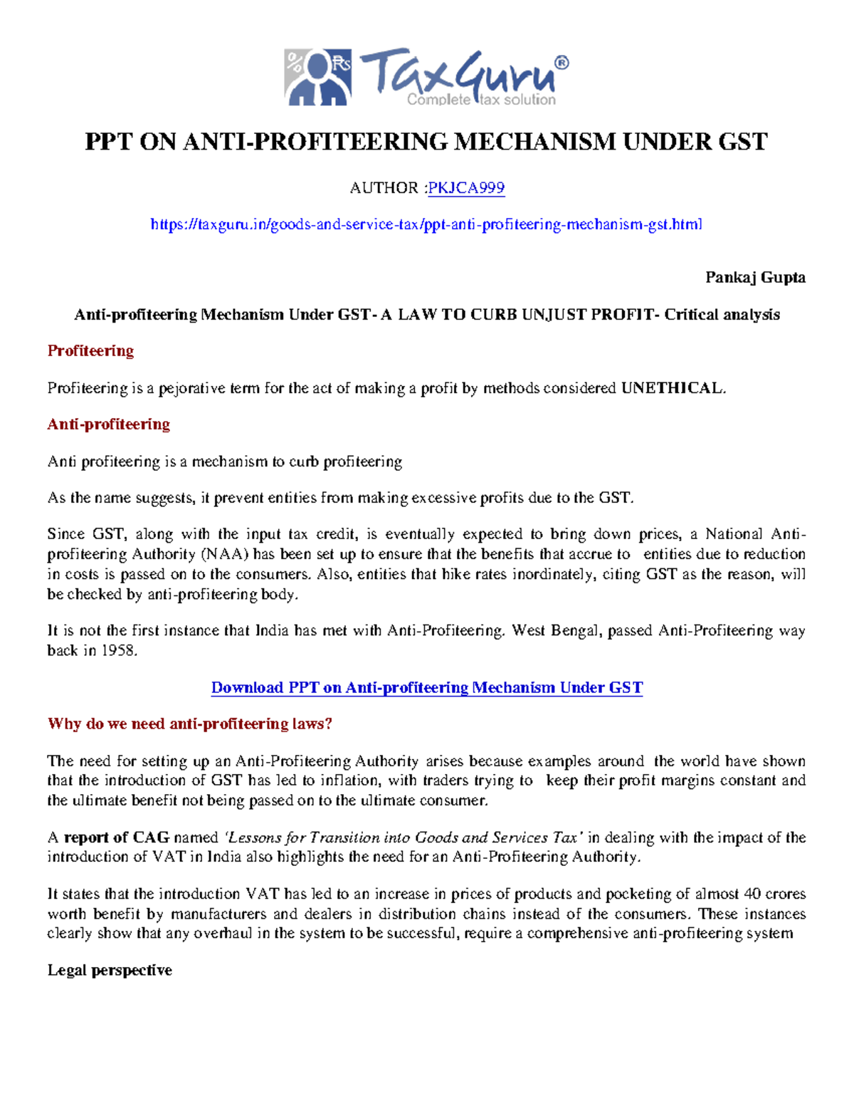 PPT on Anti-profiteering Mechanism Under GST- taxguru - PPT ON ANTI ...