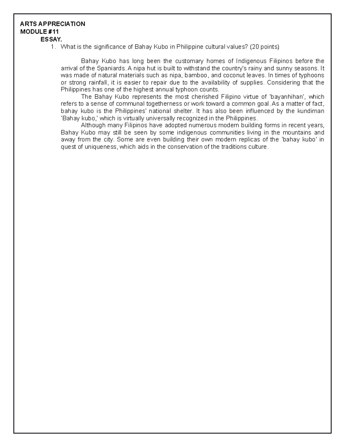 Arts Appreciation - Module Midterm GE-ELEC - ARTS APPRECIATION MODULE ESSAY. What is the - Studocu