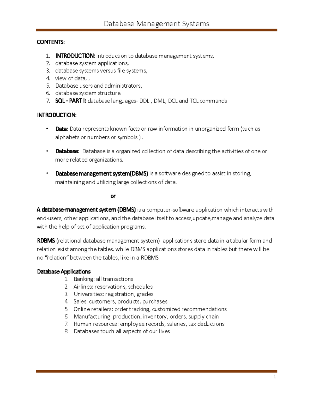 PART 1 DBMS Notes introduction - CONTENTS: INTRODUCTION: introduction ...
