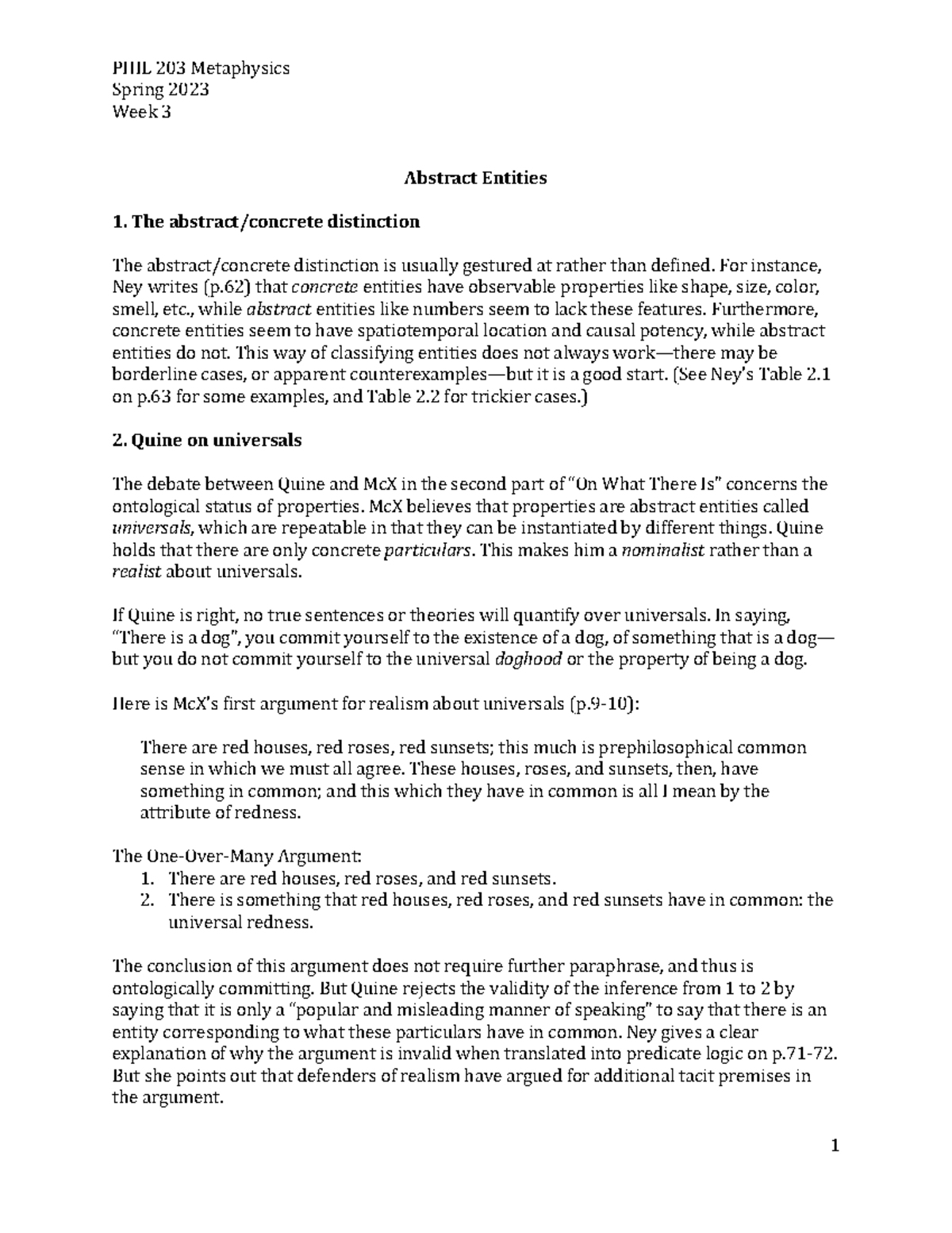 Handout Week 3 Abstract Entities, Quine, Thomasson - Spring 2023 Week 3 ...