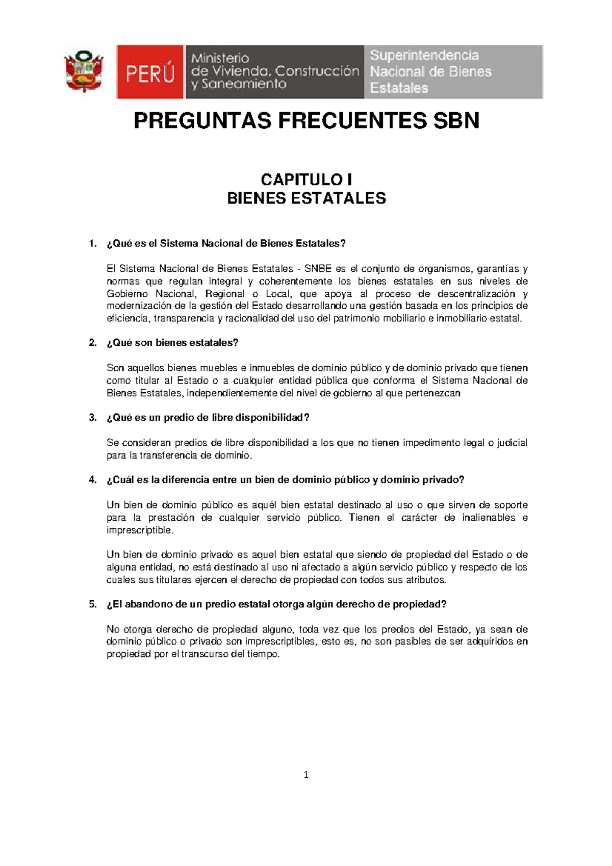 Preguntas frecuentes SBN - PREGUNTAS FRECUENTES SBN CAPITULO I BIENES ...