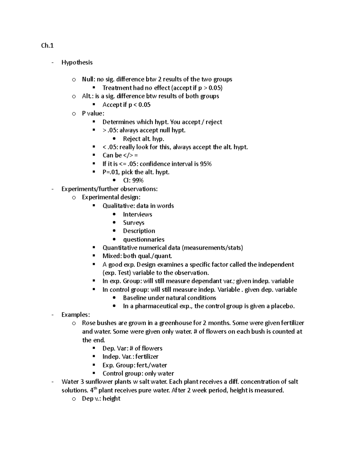 Ch 1 Intro to Bio - Ch. Hypothesis o Null: no sig. difference btw 2 ...