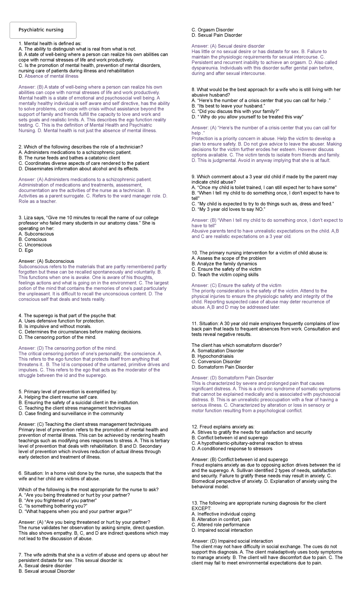 Psychiatric Nursing questions with rationale - Psychiatric nursing ...