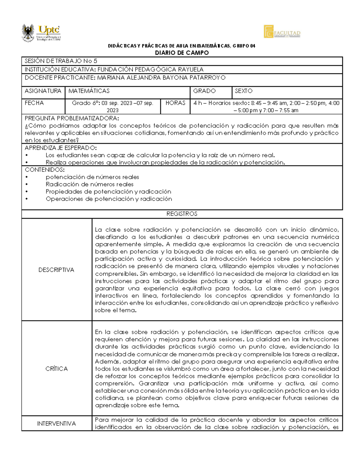 Formato Diario Campo Semana DOS - DIDÁCTICAS Y PRÁCTICAS DE AULA EN ...