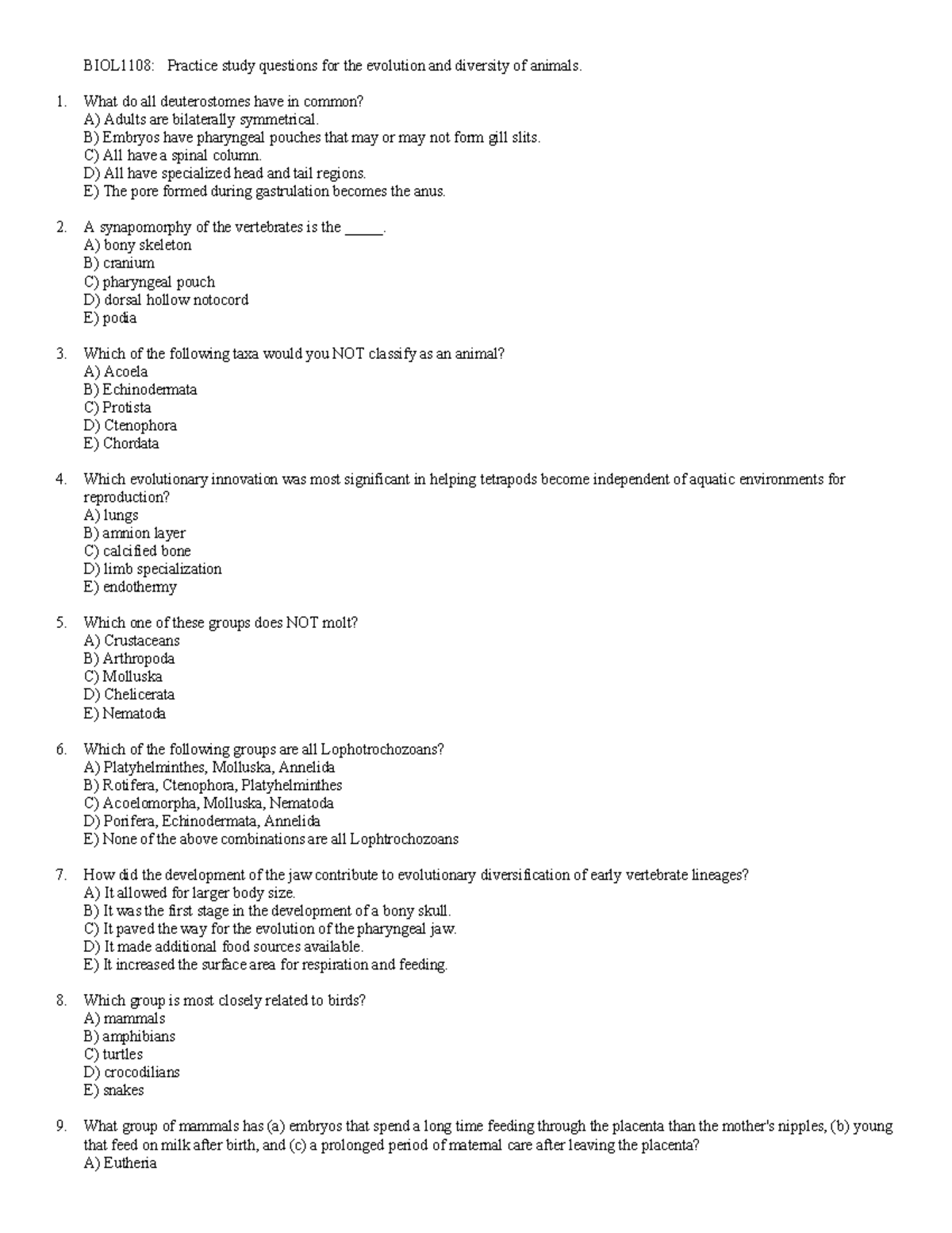 BIO1108 animal study guide - BIOL1108: Practice study questions for the ...